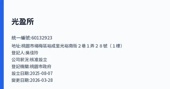 光盈所的照片-統編 60132923(桃園市) 公司登記資料與營業項目詳細圖表