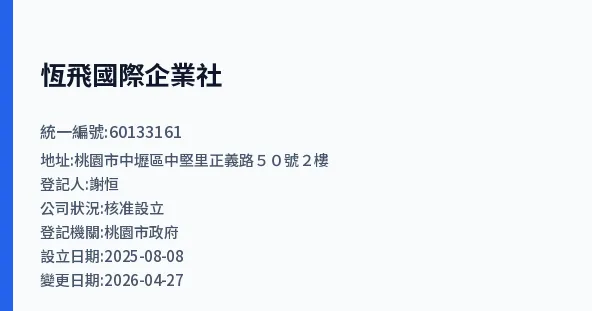 恆飛國際企業社的照片-統編 60133161(桃園市) 公司登記資料與營業項目詳細圖表