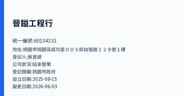 晉鎰工程行的照片-統編 60134231(桃園市) 公司登記資料與營業項目詳細圖表