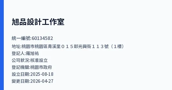 旭品設計工作室的照片-統編 60134582(桃園市) 公司登記資料與營業項目詳細圖表