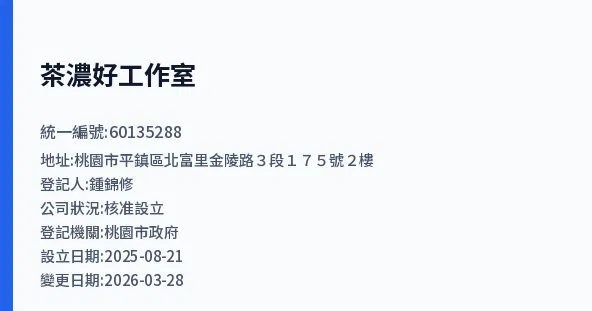 茶濃好工作室的照片-統編 60135288(桃園市) 公司登記資料與營業項目詳細圖表