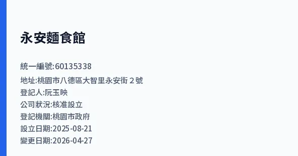 永安麵食館的照片-統編 60135338(桃園市) 公司登記資料與營業項目詳細圖表