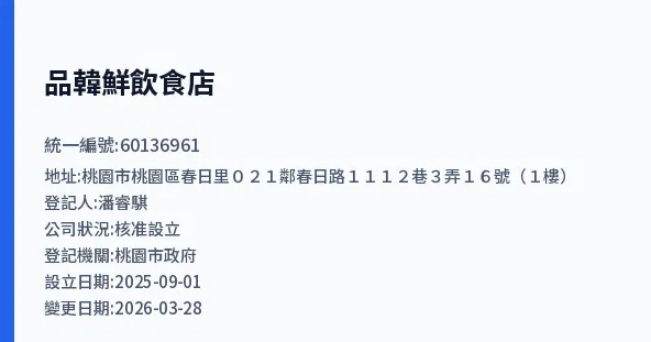 品韓鮮飲食店的照片-統編 60136961(桃園市) 公司登記資料與營業項目詳細圖表