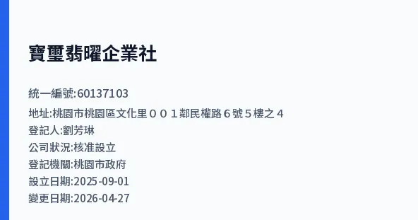 寶璽翡曜企業社的照片-統編 60137103(桃園市) 公司登記資料與營業項目詳細圖表