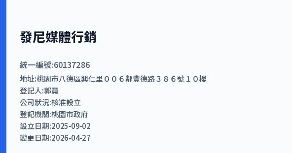 發尼媒體行銷的照片-統編 60137286(桃園市) 公司登記資料與營業項目詳細圖表