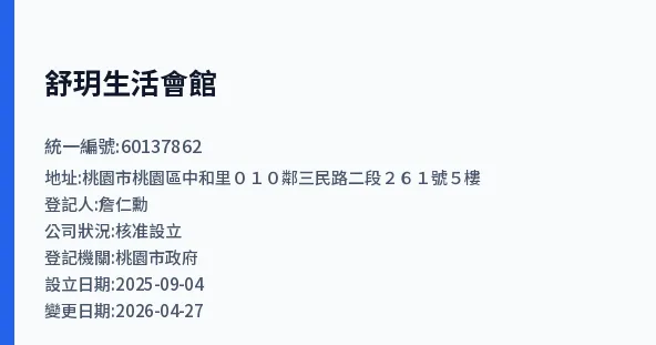 舒玥生活會館的照片-統編 60137862(桃園市) 公司登記資料與營業項目詳細圖表