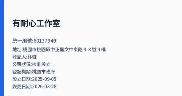 有耐心工作室的照片-統編 60137949(桃園市) 公司登記資料與營業項目詳細圖表