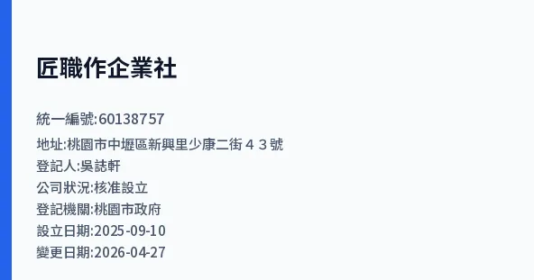匠職作企業社的照片-統編 60138757(桃園市) 公司登記資料與營業項目詳細圖表