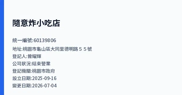 隨意炸小吃店的照片-統編 60139806(桃園市) 公司登記資料與營業項目詳細圖表