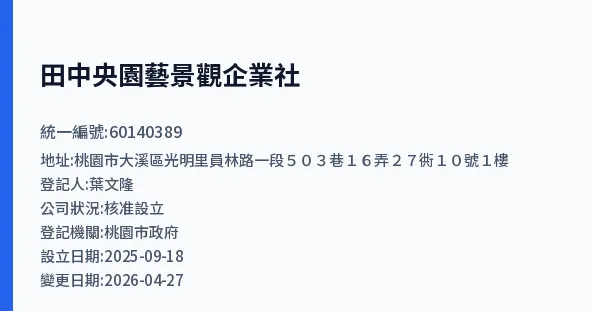 田中央園藝景觀企業社的照片-統編 60140389(桃園市) 公司登記資料與營業項目詳細圖表