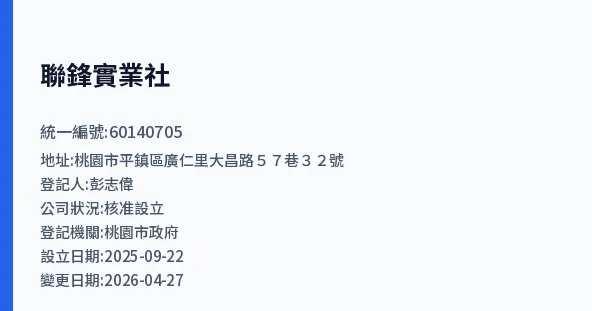 聯鋒實業社的照片-統編 60140705(桃園市) 公司登記資料與營業項目詳細圖表