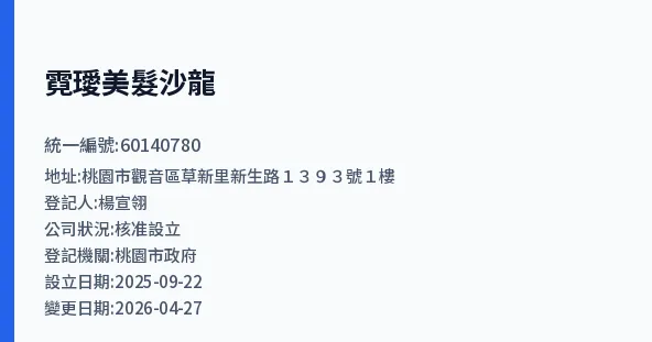霓璦美髮沙龍的照片-統編 60140780(桃園市) 公司登記資料與營業項目詳細圖表