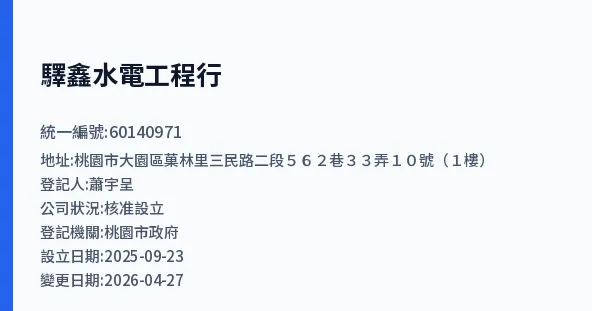 驛鑫水電工程行的照片-統編 60140971(桃園市) 公司登記資料與營業項目詳細圖表