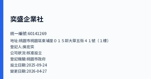 奕盛企業社的照片-統編 60141269(桃園市) 公司登記資料與營業項目詳細圖表