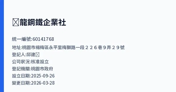 勲龍鋼鐵企業社的照片-統編 60141768(桃園市) 公司登記資料與營業項目詳細圖表