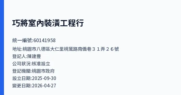 巧將室內裝潢工程行的照片-統編 60141958(桃園市) 公司登記資料與營業項目詳細圖表