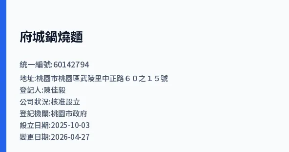 府城鍋燒麵的照片-統編 60142794(桃園市) 公司登記資料與營業項目詳細圖表