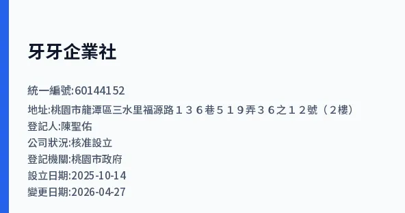 牙牙企業社的照片-統編 60144152(桃園市) 公司登記資料與營業項目詳細圖表