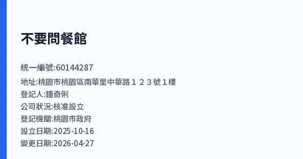 不要問餐館的照片-統編 60144287(桃園市) 公司登記資料與營業項目詳細圖表