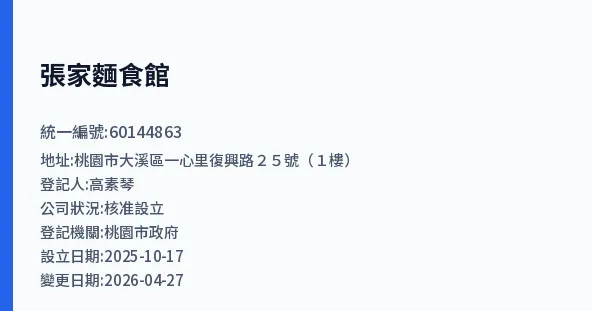 張家麵食館的照片-統編 60144863(桃園市) 公司登記資料與營業項目詳細圖表