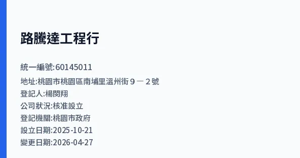路騰達工程行的照片-統編 60145011(桃園市) 公司登記資料與營業項目詳細圖表