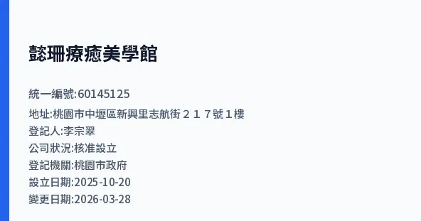懿珊療癒美學館的照片-統編 60145125(桃園市) 公司登記資料與營業項目詳細圖表
