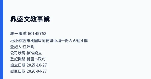 鼎盛文教事業的照片-統編 60145758(桃園市) 公司登記資料與營業項目詳細圖表