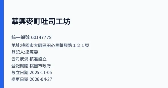 華興麥町吐司工坊的照片-統編 60147778(桃園市) 公司登記資料與營業項目詳細圖表