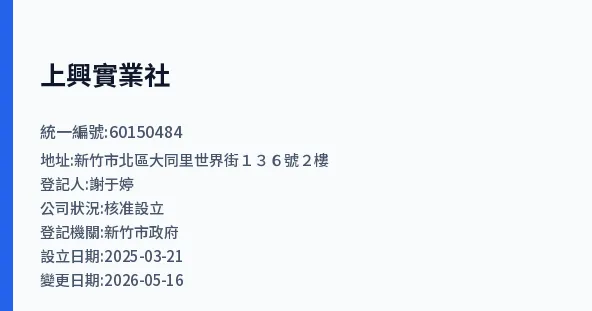 上興實業社的照片-統編 60150484(新竹市) 公司登記資料與營業項目詳細圖表