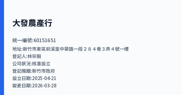 大發農產行的照片-統編 60151651(新竹市) 公司登記資料與營業項目詳細圖表