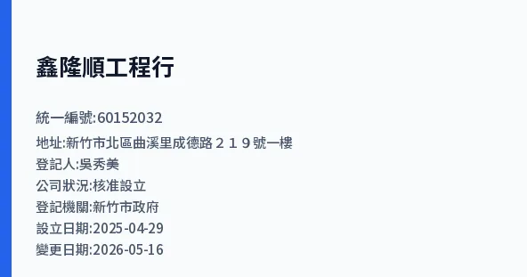 鑫隆順工程行的照片-統編 60152032(新竹市) 公司登記資料與營業項目詳細圖表