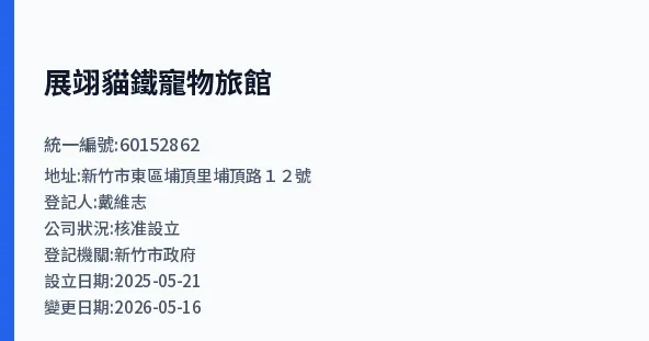 展翊貓鐵寵物旅館的照片-統編 60152862(新竹市) 公司登記資料與營業項目詳細圖表