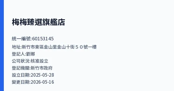 梅梅臻選旗艦店的照片-統編 60153145(新竹市) 公司登記資料與營業項目詳細圖表