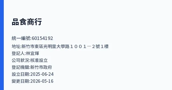 品食商行的照片-統編 60154192(新竹市) 公司登記資料與營業項目詳細圖表