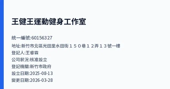 王健王運動健身工作室的照片-統編 60156327(新竹市) 公司登記資料與營業項目詳細圖表