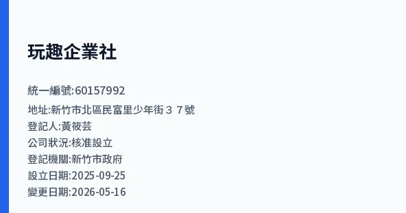 玩趣企業社的照片-統編 60157992(新竹市) 公司登記資料與營業項目詳細圖表