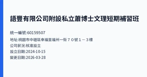 語豐有限公司附設私立蕭博士文理短期補習班的照片-統編 60159507(桃園市) 公司登記資料與營業項目詳細圖表