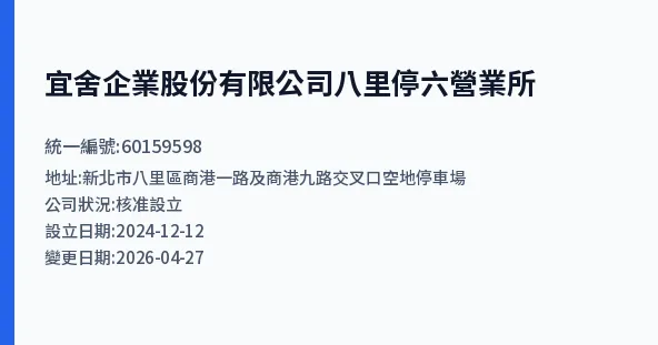 宜舍企業股份有限公司八里停六營業所的照片-統編 60159598(新北市) 公司登記資料與營業項目詳細圖表