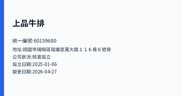 上品牛排的照片-統編 60159680(桃園市) 公司登記資料與營業項目詳細圖表