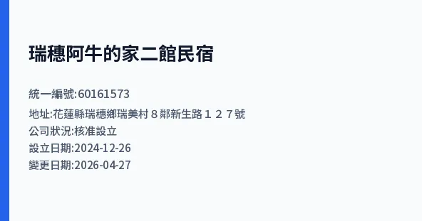 瑞穗阿牛的家二館民宿的照片-統編 60161573(花蓮縣) 公司登記資料與營業項目詳細圖表