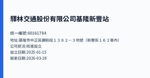 驛林交通股份有限公司基隆新豐站的照片-統編 60161784(基隆市) 公司登記資料與營業項目詳細圖表