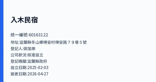 入木民宿的照片-統編 60163122(宜蘭縣) 公司登記資料與營業項目詳細圖表