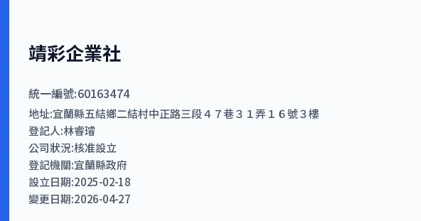 靖彩企業社的照片-統編 60163474(宜蘭縣) 公司登記資料與營業項目詳細圖表
