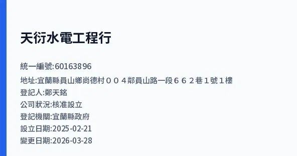 天衍水電工程行的照片-統編 60163896(宜蘭縣) 公司登記資料與營業項目詳細圖表
