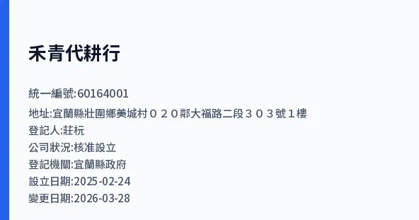禾青代耕行的照片-統編 60164001(宜蘭縣) 公司登記資料與營業項目詳細圖表