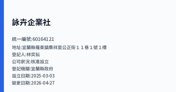詠卉企業社的照片-統編 60164121(宜蘭縣) 公司登記資料與營業項目詳細圖表