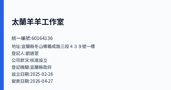 太蘭羊羊工作室的照片-統編 60164136(宜蘭縣) 公司登記資料與營業項目詳細圖表