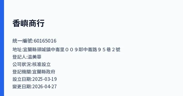 香嶼商行的照片-統編 60165016(宜蘭縣) 公司登記資料與營業項目詳細圖表
