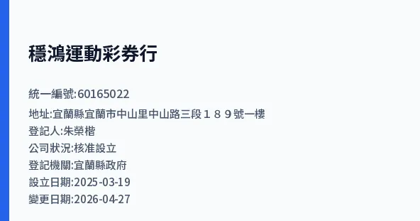 穩鴻運動彩券行的照片-統編 60165022(宜蘭縣) 公司登記資料與營業項目詳細圖表