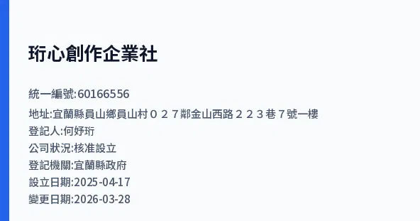 珩心創作企業社的照片-統編 60166556(宜蘭縣) 公司登記資料與營業項目詳細圖表